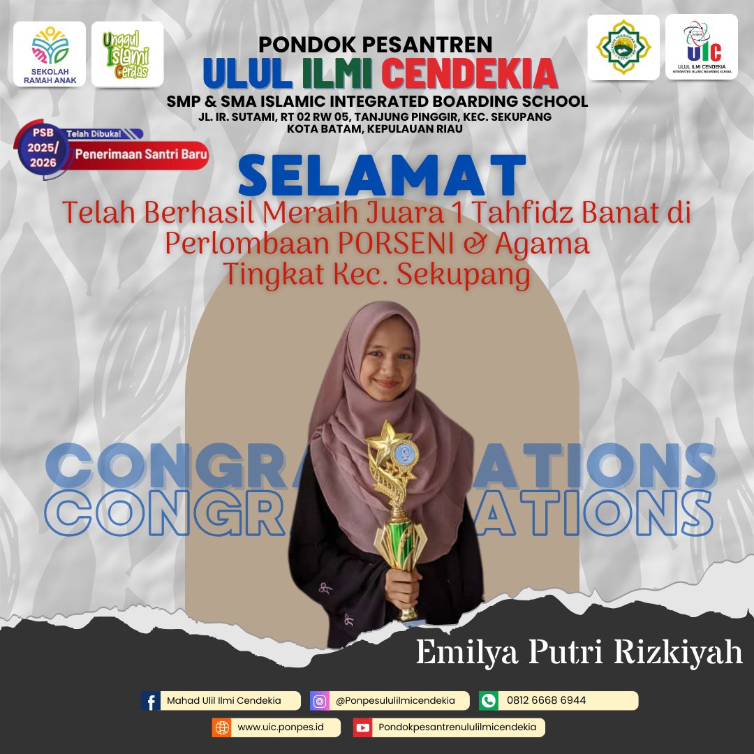 Emilya Putri Rizkiyah Juara 1 Tahfidz Putri PORSENI Tingkat Kecamatan Sekupang.